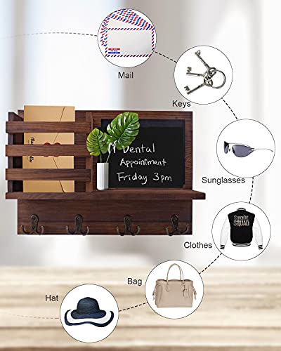 Megadream Key Holder for Wall, Front Door Organizer Wooden Mail Letter Holder Box, Key Ring Holder for Wall with Chalkboard, 4 Double Key|Coat|Bag Hooks