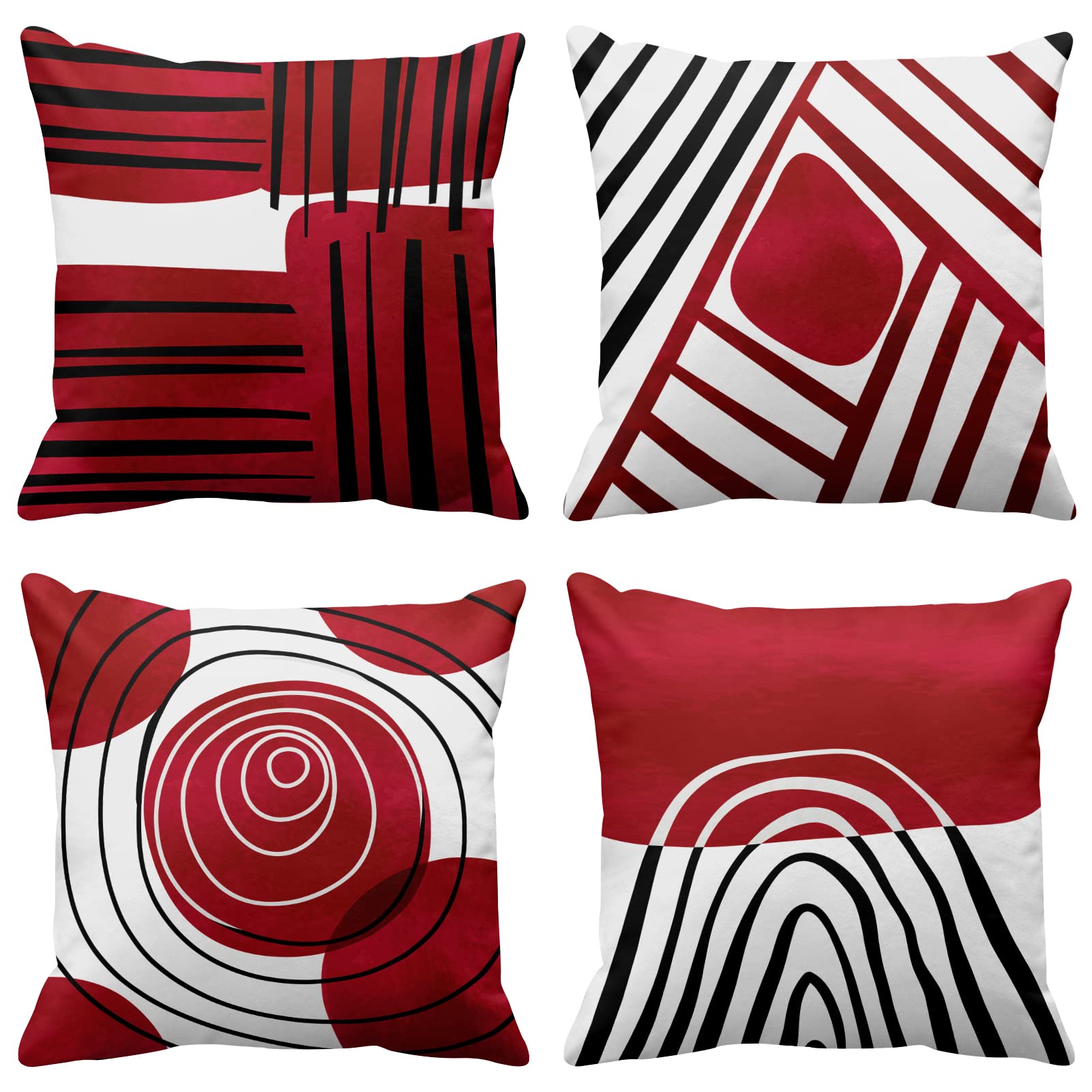 Emvency Boho Set of 4 Throw Pillow Covers Mid Century Bohemian Red Black Abstract Geometric Decorative Pillow Cases Home Decor Standard Square 18x18 Inches Pillowcases