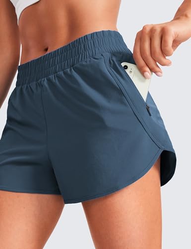 CRZ YOGA Womens High Waisted Running Shorts Mesh Liner 3'' Dolphin Quick Dry for Athletic Gym Track Workout with Zip Pocket Stelindigo Small