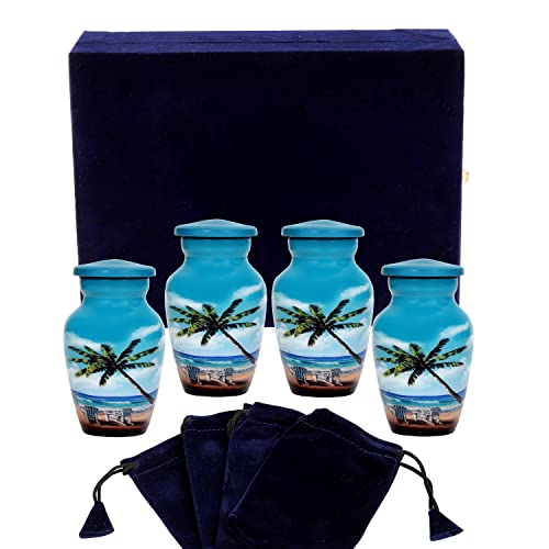 HLC URNS Keepsake Urn Set of 4 β Lovely Blue Beach Set of 4 Keepsake Cremation Urn for Human Ashes with Velvet Box & 4 Velvet Bag-Mini Keepsake Urn - Affordable Keepsake Urn (3 cu.in)