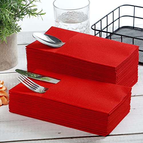 Linen-Feel Flame Red Paper Napkins, Cloth Like Dinner Napkins with Built-in Flatware Pocket, Pre-Folded Christmas Napkins Disposable Guest Paper Hand Towels for Kitchen, Events Party Napkins 50 Pack
