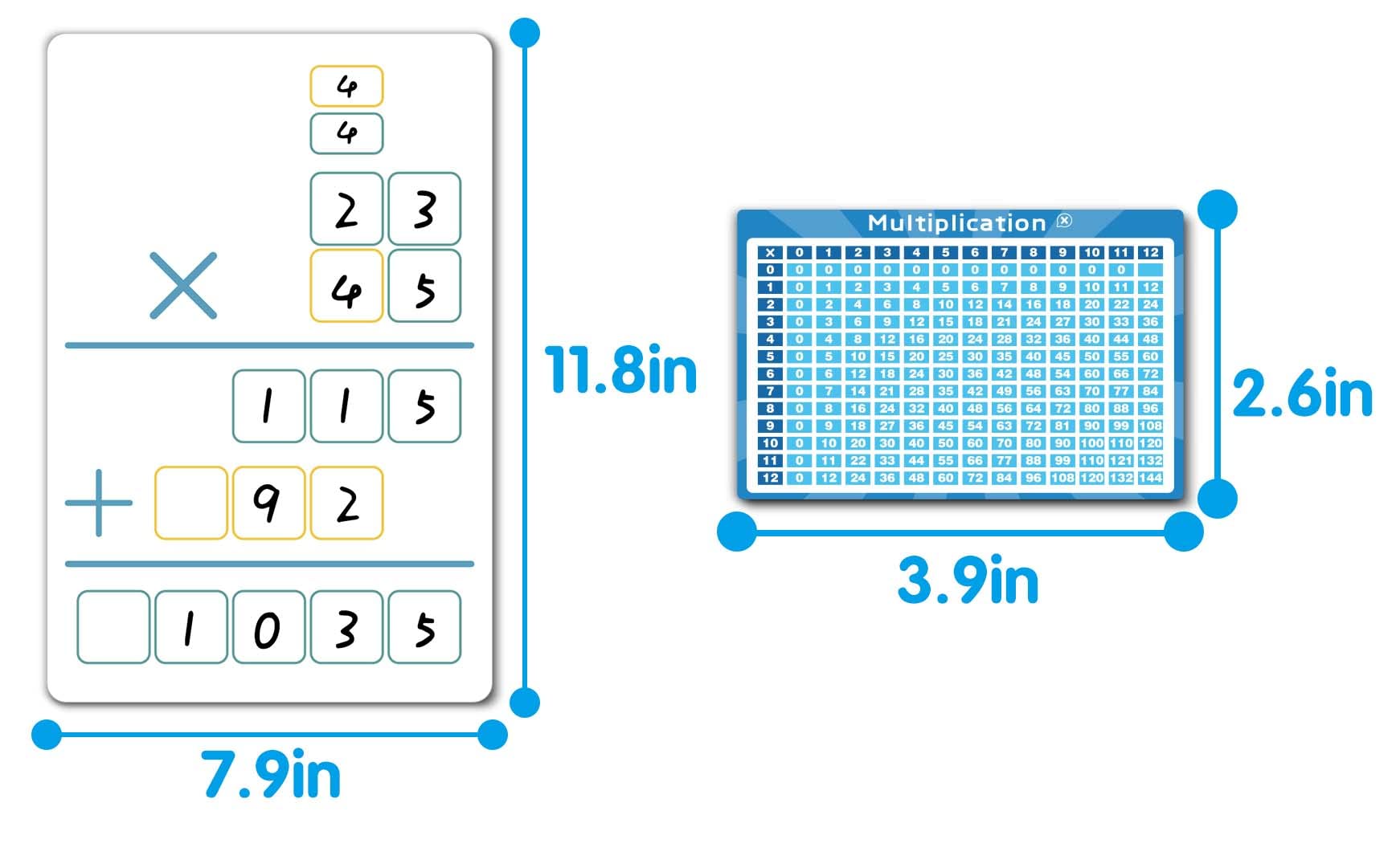 Set of Dry Erase Multiplication and Division Practice White Board, 8" x 12" 2-Digits Mathematics Board with a 4" x 2.5" Multiplication Chart Board for Kids Students, Classroom and Home.