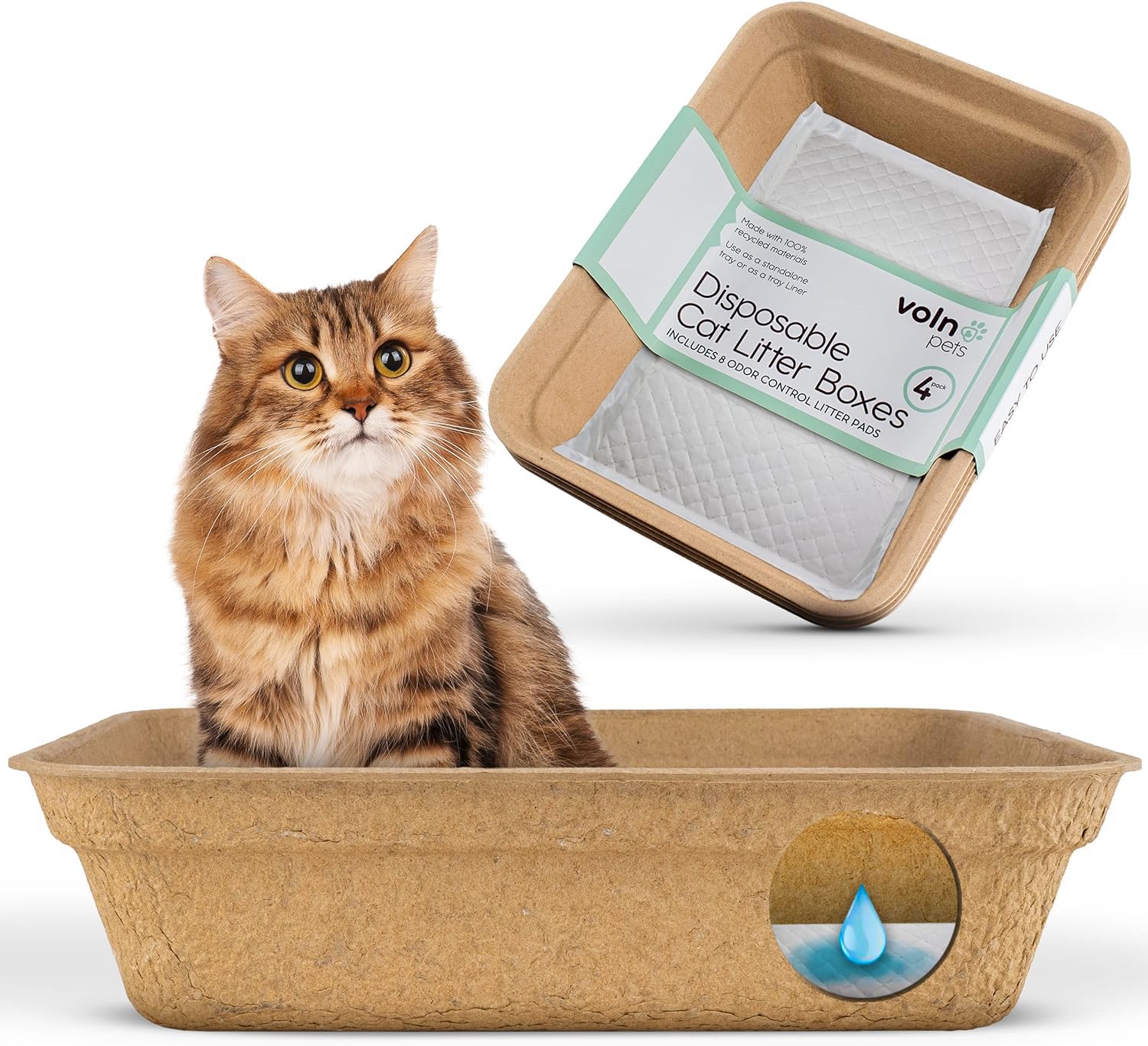 Voln Pets (4-Pack) Disposable Litter Boxes for Cats, with Odor & Liquid Absorbent Pads, Disposable Cat Litter Box, Large Disposable Litter Box, Easy Clean Litter Box, Odorless Kitty Litter Box