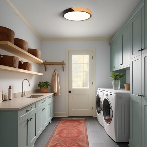 Goomavi Modern LED Ceiling Light, Black Round Wood Flush Mount Ceiling Light Fixture,Minimalist Lighting Ceiling Lamp for Hallway Entryway Bedroom Closet Laundry Room-Not Dimmable 4000K 11.8 Inch