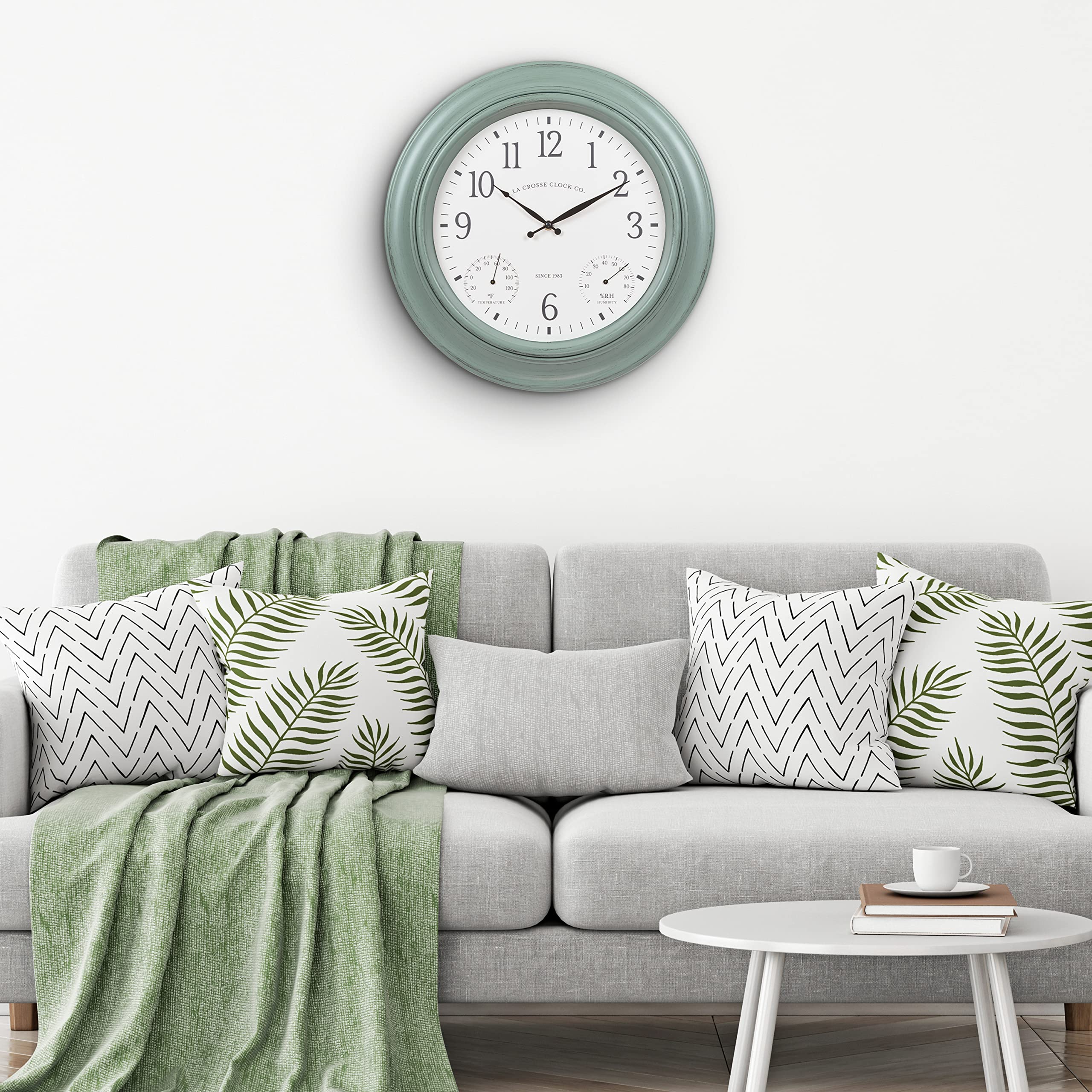 La Crosse Clock 433-3846 18 in. Indoor/Outdoor Sage Green Quartz Wall Clock with Temperature & Humidity