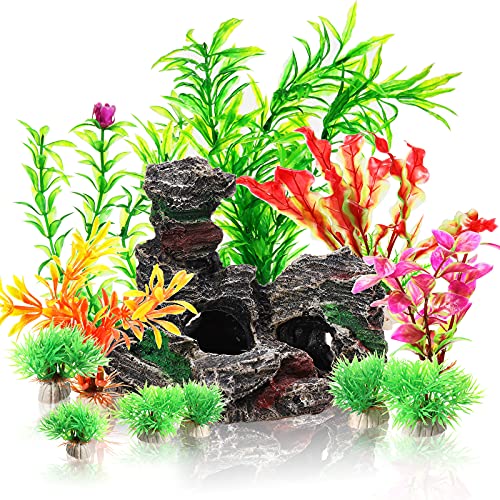 12 Pieces Fish Tank Plant with Rockery View Artificial Aquarium Plants Landscape Simulation Plastic Hydroponic Plants Mountain Rock Artificial Aquarium Plants for Fish Tank Betta