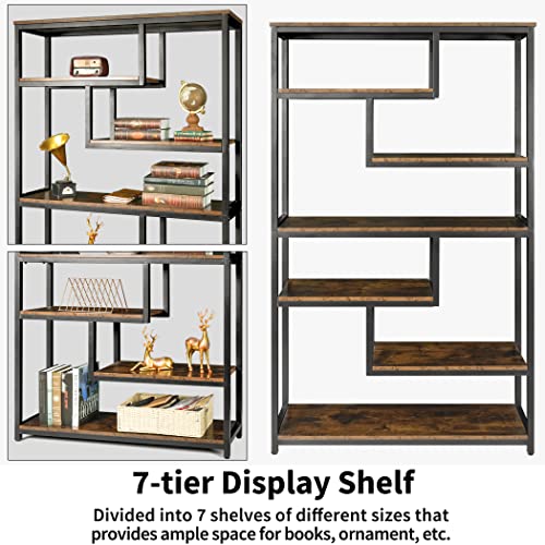 Becko US Bookshelf Bookcase Industrial 7 Tier Bookshelf Vintage Etagere Bookcase with Rustic Finish Rustic Vintage Display Shelf Storage Open Rack for Home Office (Rustic Brown)