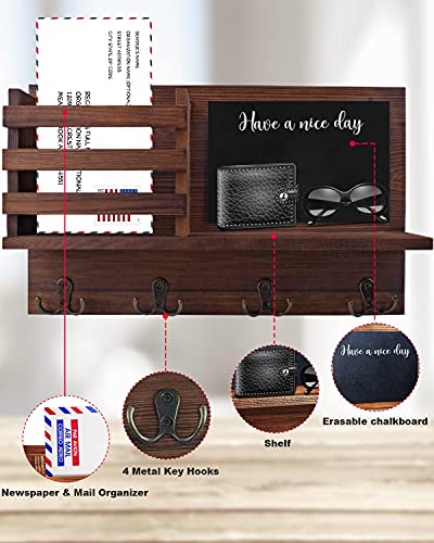 Megadream Key Holder for Wall, Front Door Organizer Wooden Mail Letter Holder Box, Key Ring Holder for Wall with Chalkboard, 4 Double Key|Coat|Bag Hooks