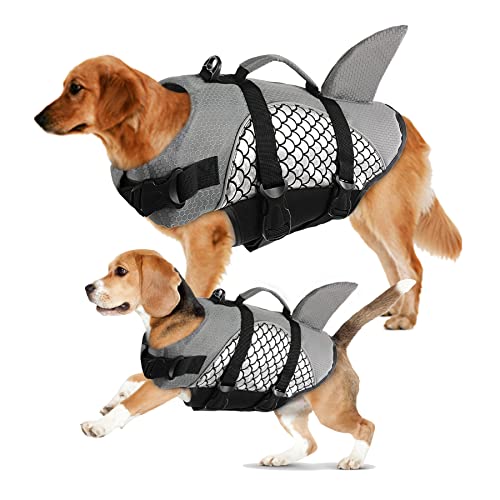 HiPeep Ripstop Dog Life Jacket Adjustable Dog Life Vest Safety Lifesaver Puppy Life Preserver Superior Buoyancy Swimming Boating Rescue Handle Shark Design for Small Medium Large Dogs(Silver,L)