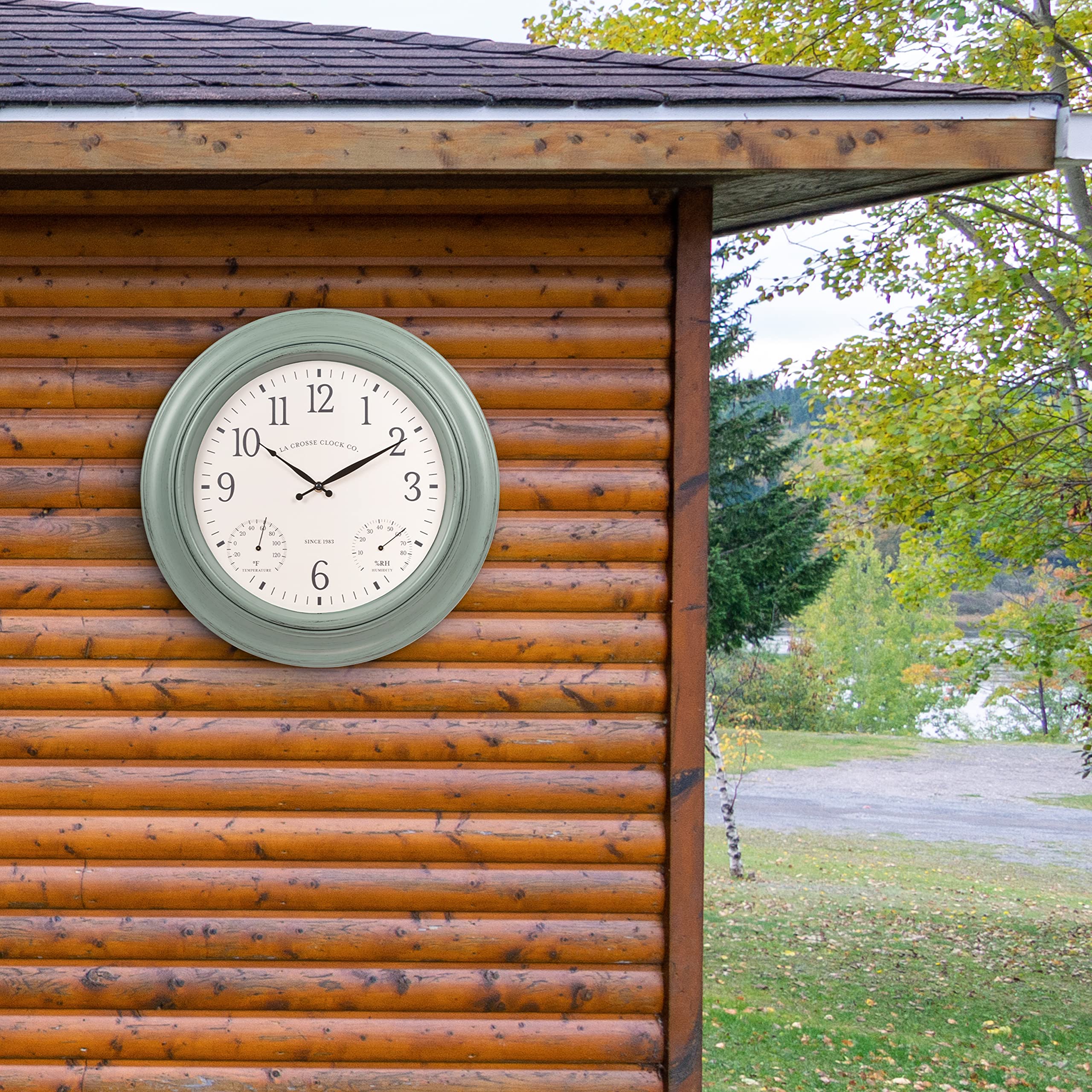 La Crosse Clock 433-3846 18 in. Indoor/Outdoor Sage Green Quartz Wall Clock with Temperature & Humidity