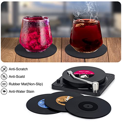 Funny Retro Vinyl Record Coasters with Player and Unique Labels, Valdivia Music Coasters Set of 6 with Gift Box, Gifts for Music Lovers, Coasters for Drinks, Bars, Cafes, Home, Party, Office