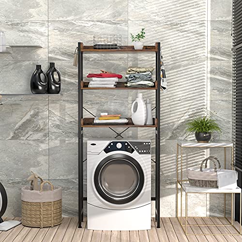 Ecoprsio Over-The-Toilet Storage Rack, 3-Tier Bathroom Organizer Shelf Over Toilet, Freestanding Space Saver Toilet Stands with 4 Hooks, Rustic Brown