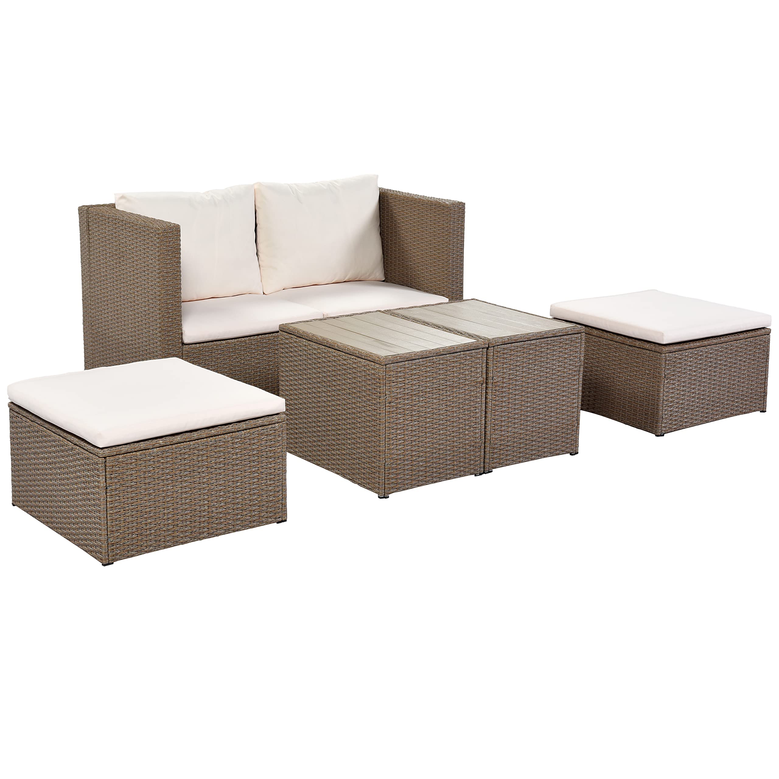 KLMM 6-Piece Outdoor Garden Furniture Set,Patio PE Wicker Rattan Conversation Sofa Set with 2 Tea Tables,for Porch Lawn Garden Backyard Poolside