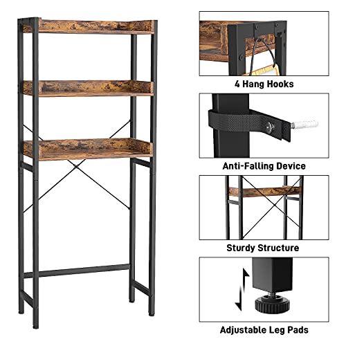 Ecoprsio Over-The-Toilet Storage Rack, 3-Tier Bathroom Organizer Shelf Over Toilet, Freestanding Space Saver Toilet Stands with 4 Hooks, Rustic Brown