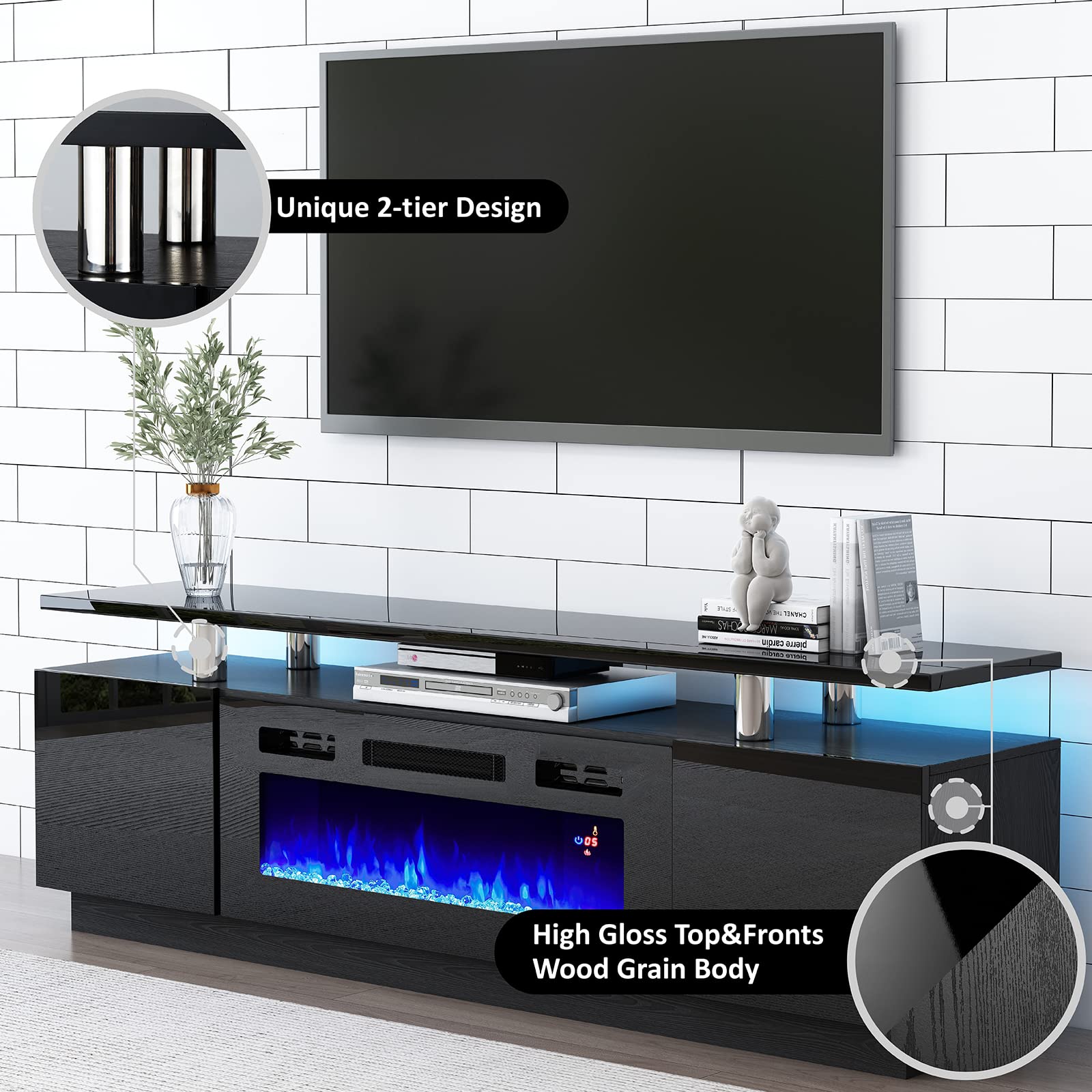 AMERLIFE Wall Unit Entertainment Center with Fireplace and Bookshelves, Includes 70" 2-Tier Fireplace TV Stand, 2 x Wall Cabinets & 2 x End Tables, Modern LED Lights TV Console for Living Room, Black