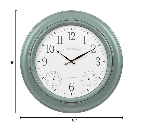 La Crosse Clock 433-3846 18 in. Indoor/Outdoor Sage Green Quartz Wall Clock with Temperature & Humidity