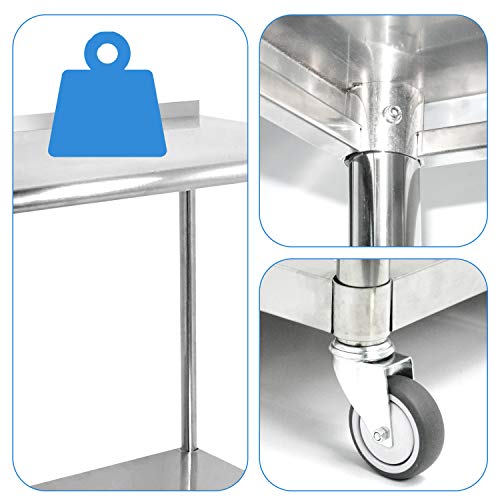 Nisorpa Commercial Stainless Steel Table with Caster Wheels 36x24in Kitchen Worktables with Backsplashs Prep Food Workbench Under Shelf 330~550lbs Capacity for Restaurant