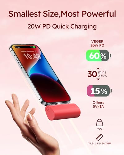 VEGER Mini Portable Charger for iPhone, 5000mAh 20W PD Fast Charging Battery Pack, Cordless Portable External Backup Charger for iPhone 13, 12, 11, 8, 7, XR, XS Max, Pro Max, AirPods