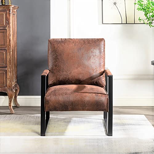 Container Furniture Direct Classic Mid Century Modern Accent Chair with Durable Square Metal Frame, Armchair for Living Room, Bedroom, Home Office in Spotted Microfiber Upholstery, Brown