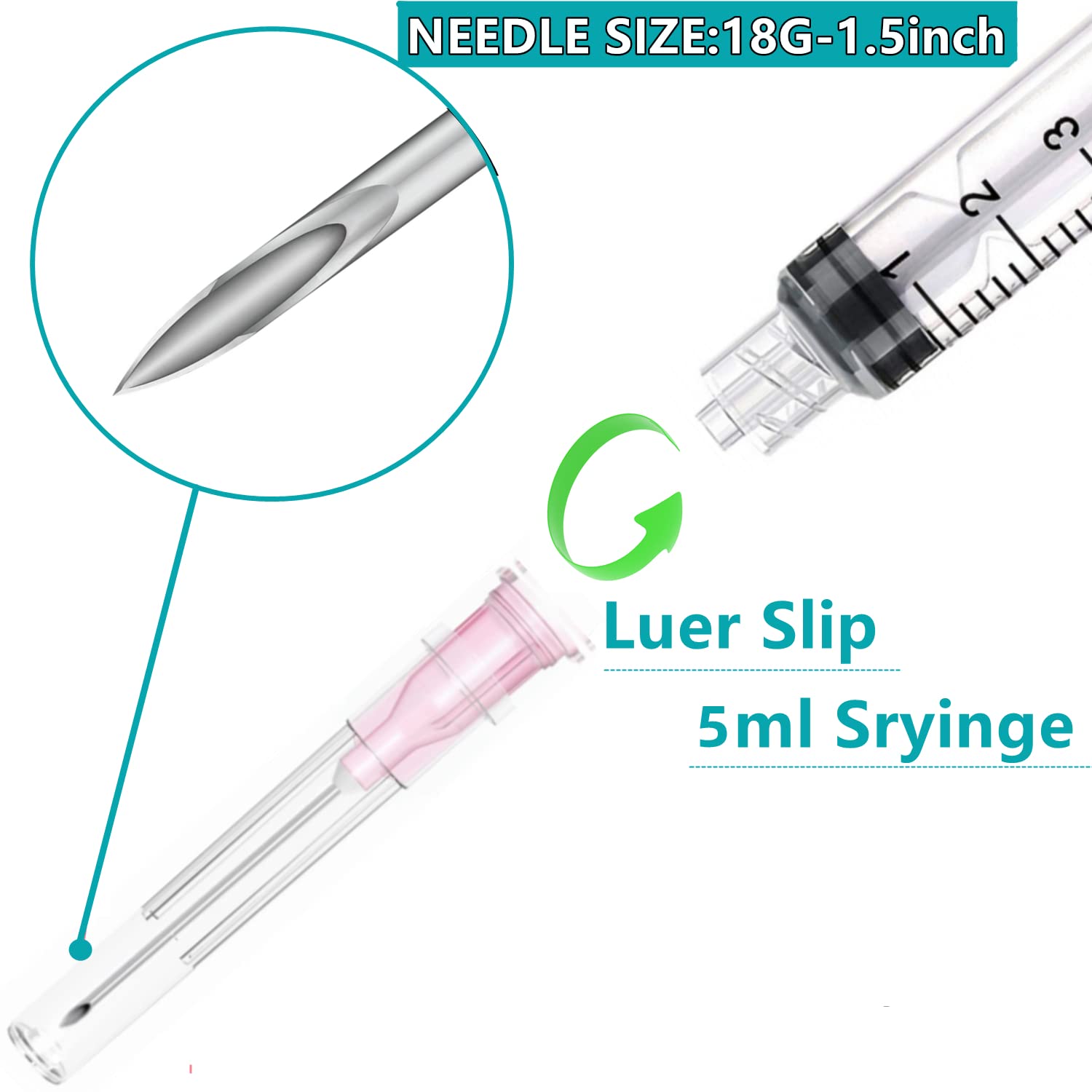 100 Pack 5ml Plastic Syringe with 18 Gauge Needle Lab Supplies, Individually Sealed Packed