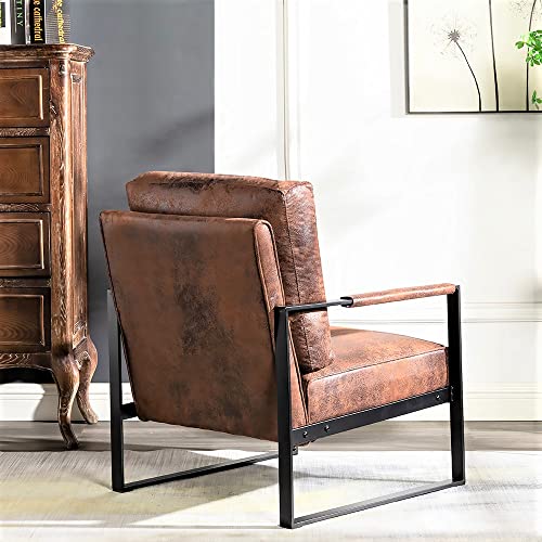 Container Furniture Direct Classic Mid Century Modern Accent Chair with Durable Square Metal Frame, Armchair for Living Room, Bedroom, Home Office in Spotted Microfiber Upholstery, Brown