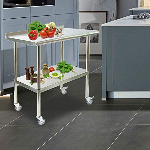 Nisorpa Commercial Stainless Steel Table with Caster Wheels 36x24in Kitchen Worktables with Backsplashs Prep Food Workbench Under Shelf 330~550lbs Capacity for Restaurant