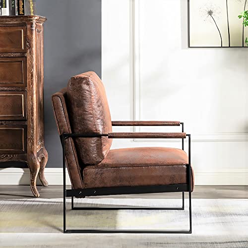 Container Furniture Direct Classic Mid Century Modern Accent Chair with Durable Square Metal Frame, Armchair for Living Room, Bedroom, Home Office in Spotted Microfiber Upholstery, Brown