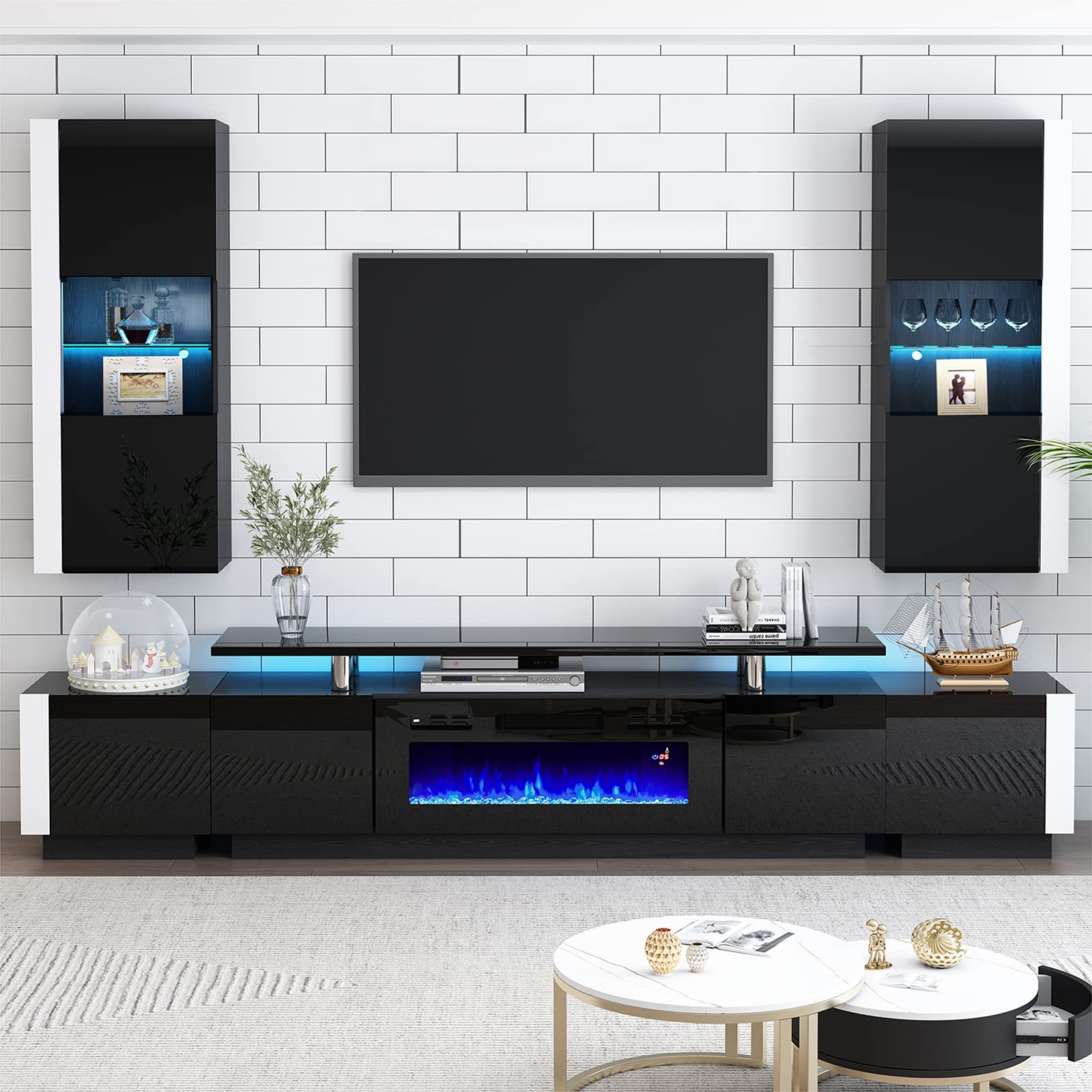 AMERLIFE Wall Unit Entertainment Center with Fireplace and Bookshelves, Includes 70" 2-Tier Fireplace TV Stand, 2 x Wall Cabinets & 2 x End Tables, Modern LED Lights TV Console for Living Room, Black
