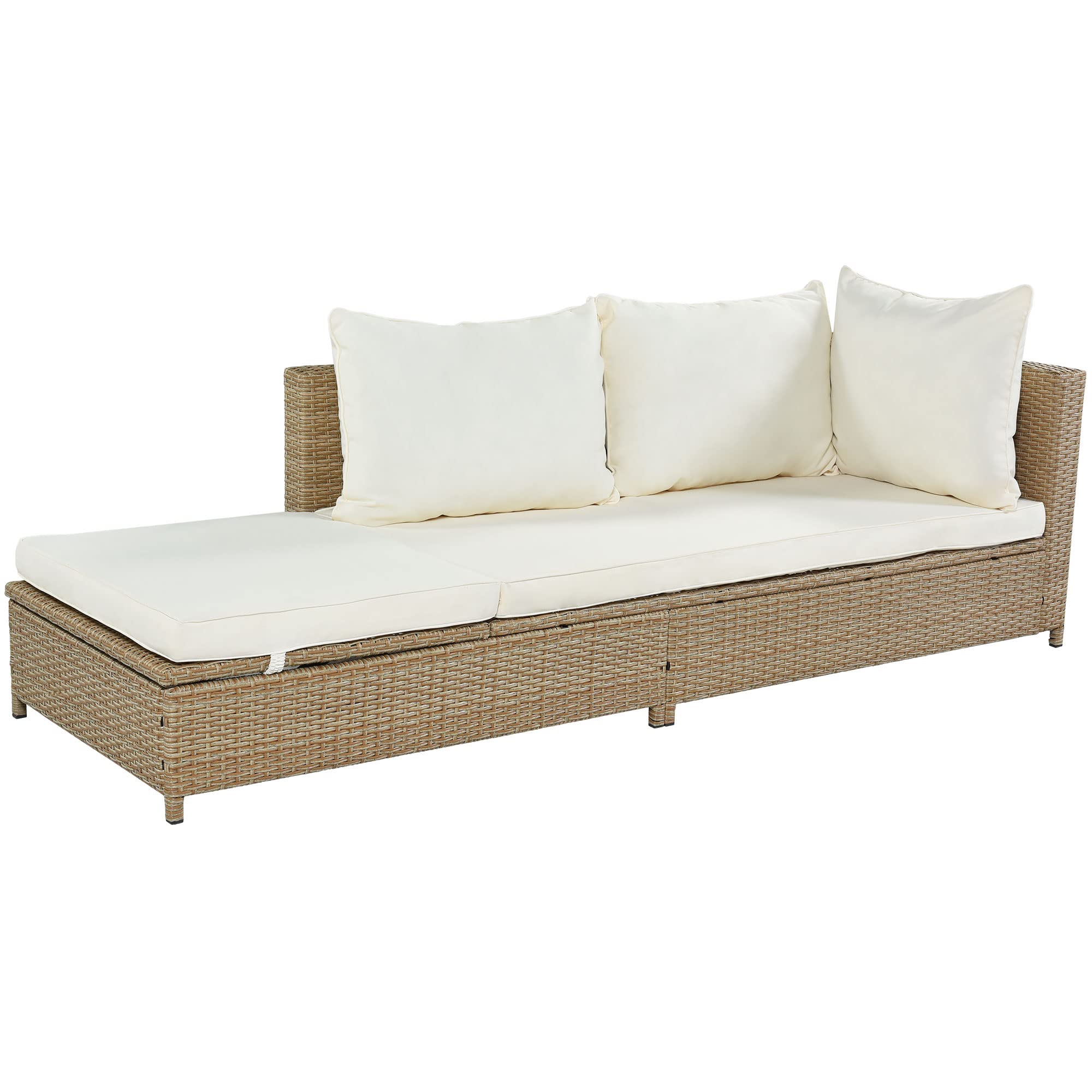 GLANZEND 3-Piece Rattan Sofa Weather PE Wicker Sectional Set with Adjustable Chaise Lounge Frame and Tempered Glass Table, Natural Brown+ Beige Cushion