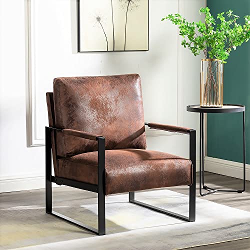 Container Furniture Direct Classic Mid Century Modern Accent Chair with Durable Square Metal Frame, Armchair for Living Room, Bedroom, Home Office in Spotted Microfiber Upholstery, Brown