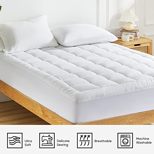 SONIVE Quilted Mattress Pad Soft Fluffy Pillow Top Mattress Cover Down Alternative Fill Topper Streches up to 21 Inches Deep Pocket (White, Twin)
