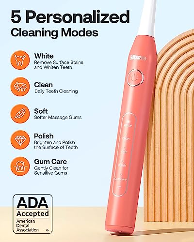 Bitvae Ultrasonic Electric Toothbrush with 8 Brush Heads for Adults and Kids, Rechargeable Travel Toothbrush with a Holder, 5 Modes, Smart Timer, Living Coral D2