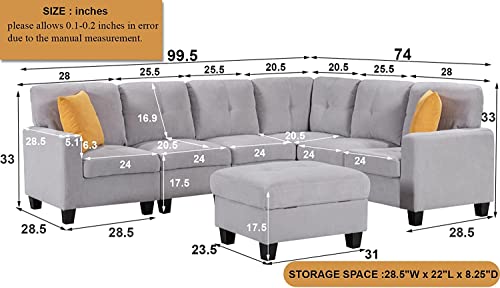 asunflower Modular Sectional Sofa with Storage Ottman 6 Seater Modular Couch Furniture Set for Living Room Velvet Corner Sectional Couch for Home & Office, Small Spaces, Grey