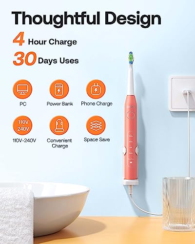 Bitvae Ultrasonic Electric Toothbrush with 8 Brush Heads for Adults and Kids, Rechargeable Travel Toothbrush with a Holder, 5 Modes, Smart Timer, Living Coral D2