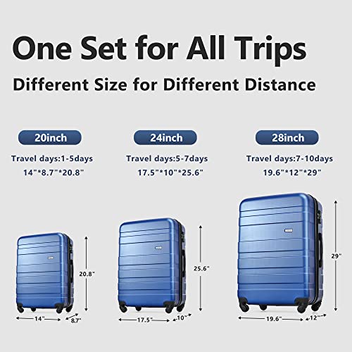 Merax 3 Piece Expandable ABS Hardshell Luggage Sets Spinner Wheel Suitcase TSA Lock Suit Case, Navy, 20/24/28 Inch