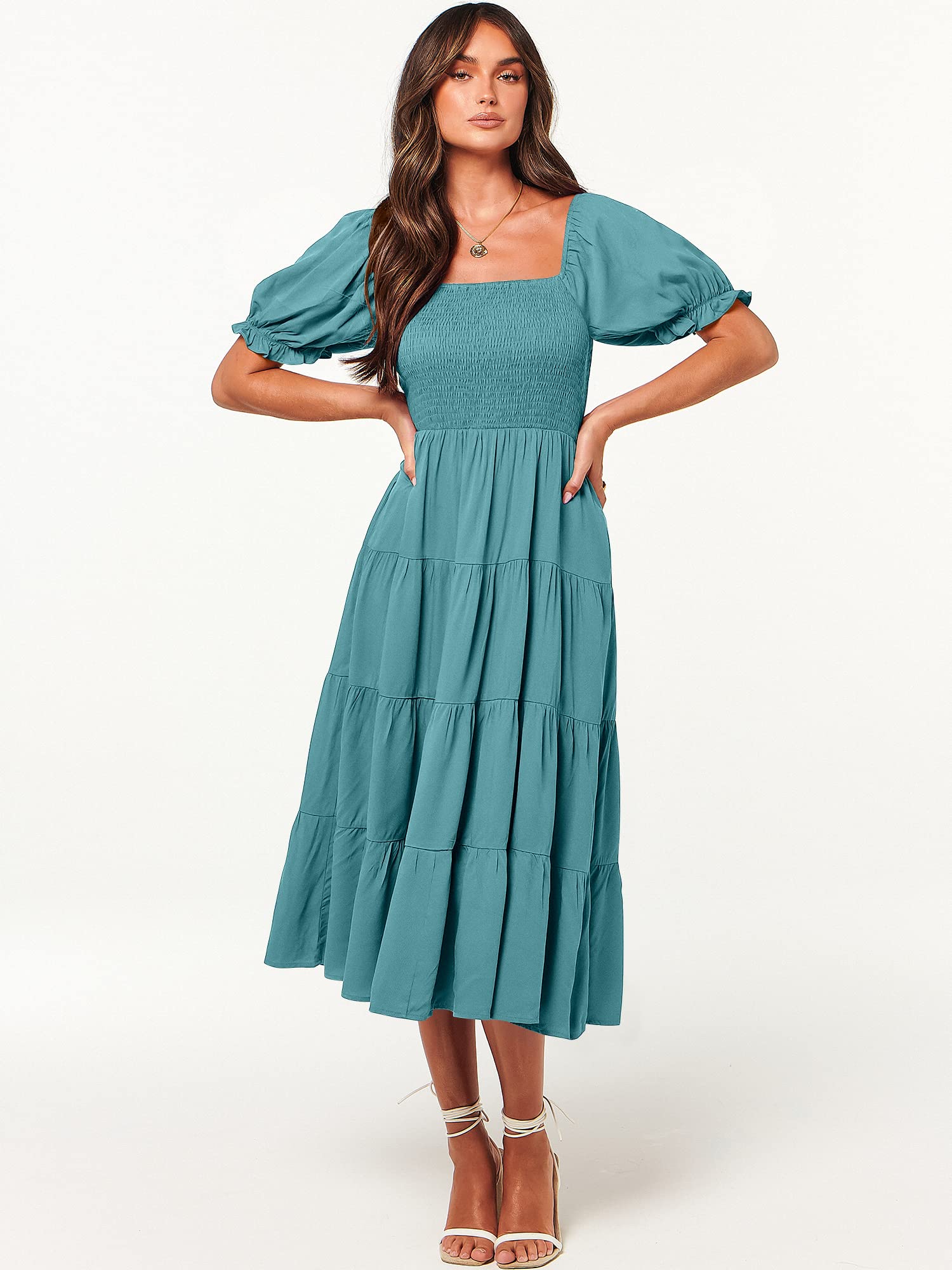 ANRABESS Women's Casual 2024 Summer Fashion Midi Dress Puff Short Sleeve Square Neck Smocked Tiered Boho Beach Dresses Lake-S