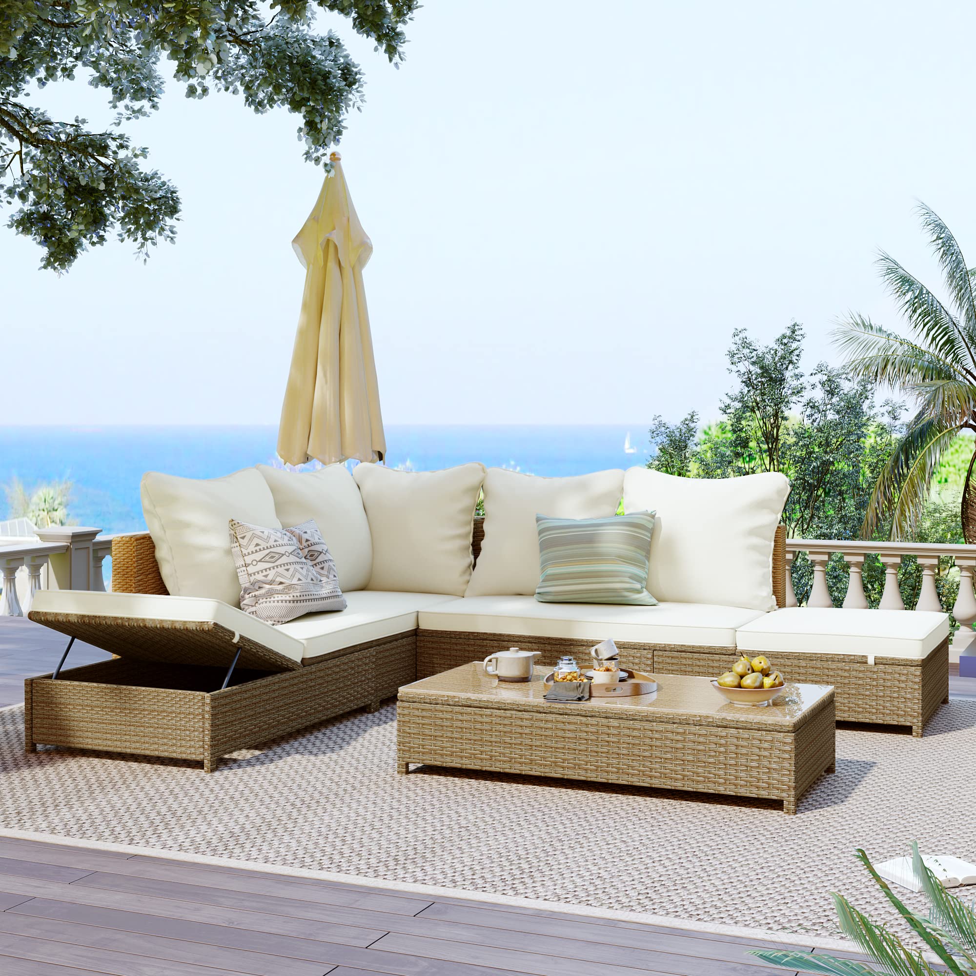 GLANZEND 3-Piece Rattan Sofa Weather PE Wicker Sectional Set with Adjustable Chaise Lounge Frame and Tempered Glass Table, Natural Brown+ Beige Cushion