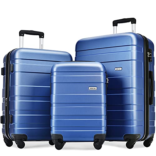 Merax 3 Piece Expandable ABS Hardshell Luggage Sets Spinner Wheel Suitcase TSA Lock Suit Case, Navy, 20/24/28 Inch