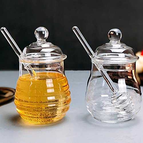 Bee-hive Honey Jar Glass Honeypot, Honey Syrup Dispenser with Dipper and Lid for Home Kitchen