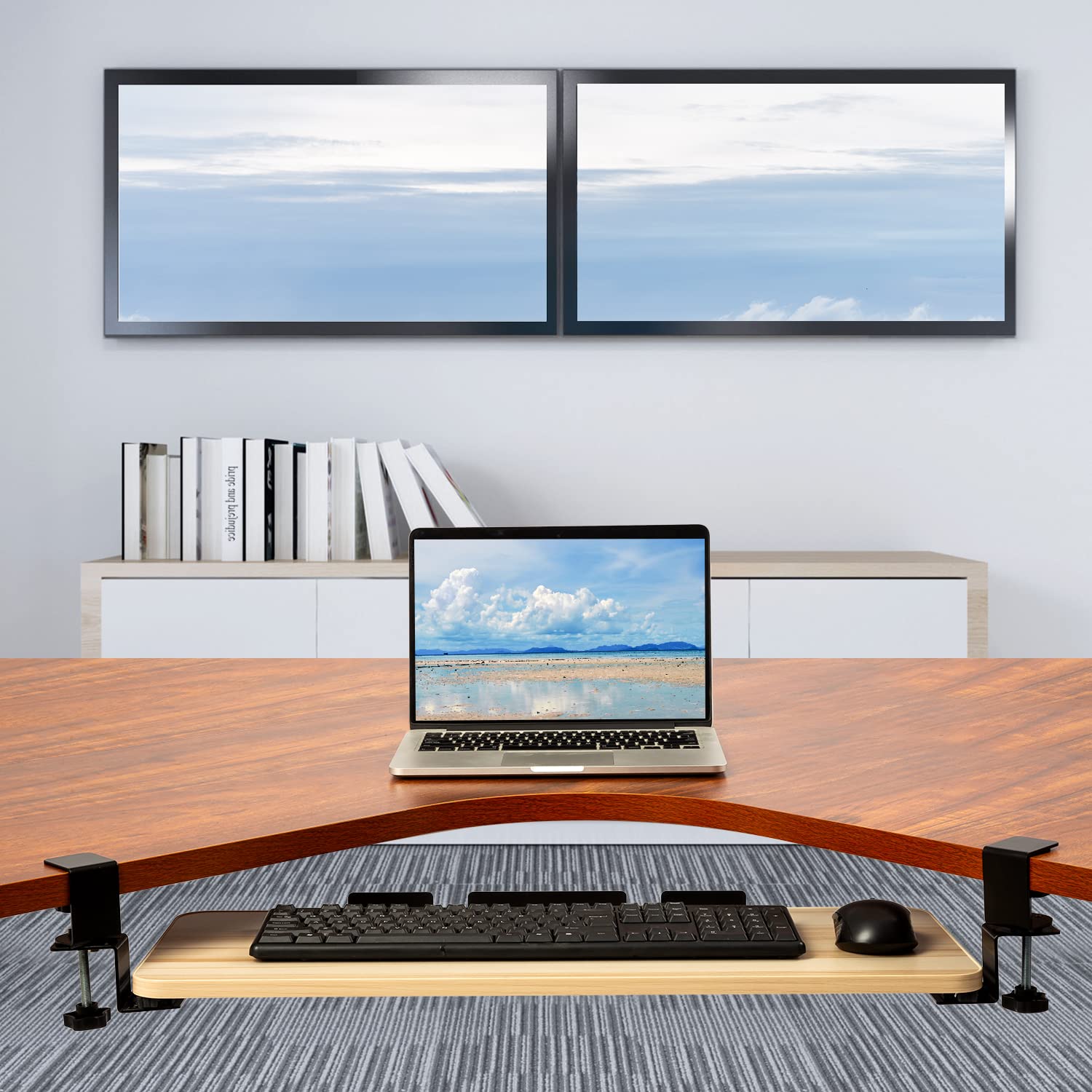 TOKPELA Keyboard Tray Under Desk for Corner L Shaped Desk, Ergonomic Corner Desk Keyboard Tray，Under The Desk Slide Out Computer Keyboard & Mouse Tray， 27.28" W x 11.85" D x 0.83”H (Light Walnut)