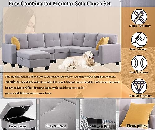 asunflower Modular Sectional Sofa with Storage Ottman 6 Seater Modular Couch Furniture Set for Living Room Velvet Corner Sectional Couch for Home & Office, Small Spaces, Grey