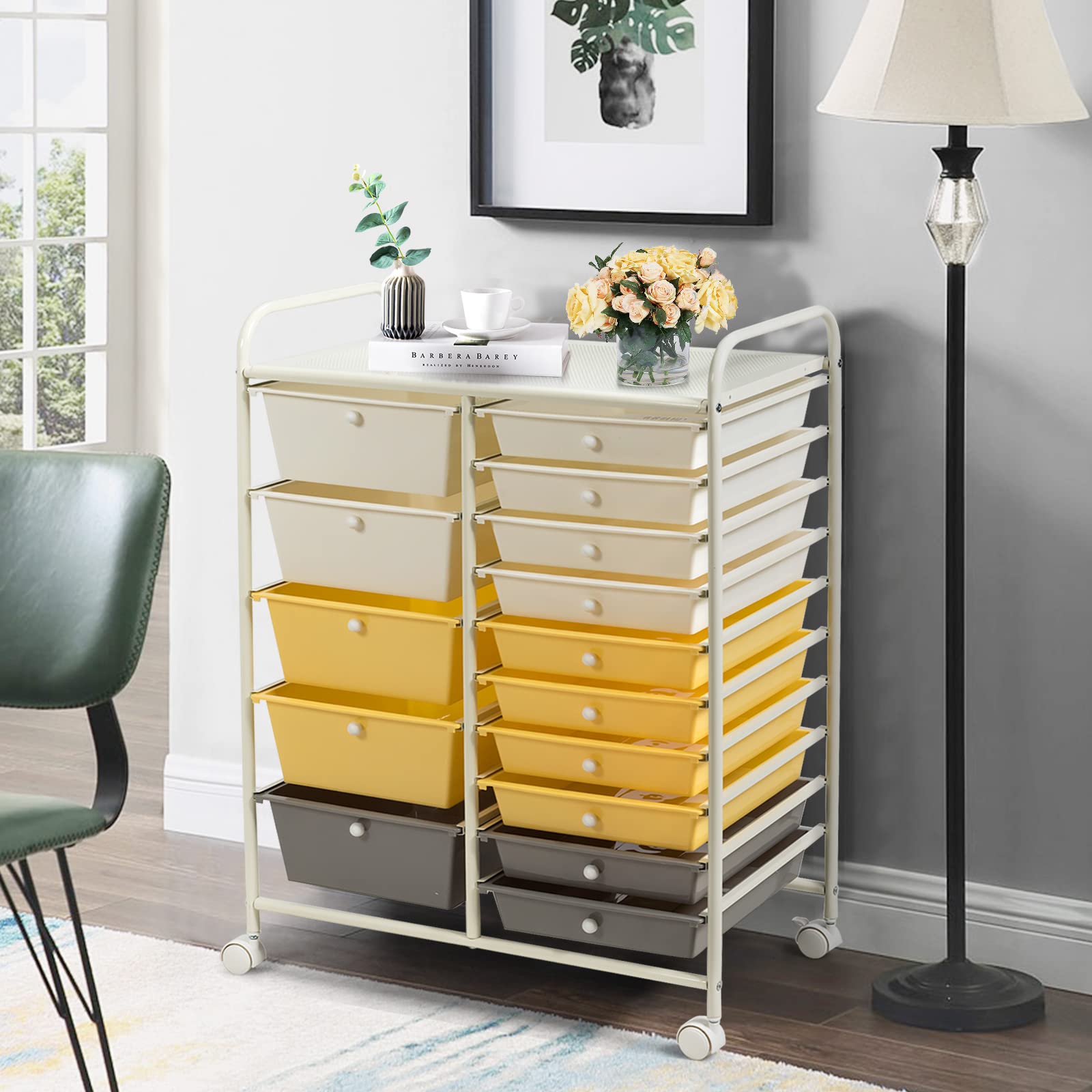 SILKYDRY 15 Drawers Rolling Storage Cart, Mobile Utility Drawer Cart with Lockable Wheels for Crafts, Tools, Arts Supplies, Multipurpose Organizer Cart for Home Office School
