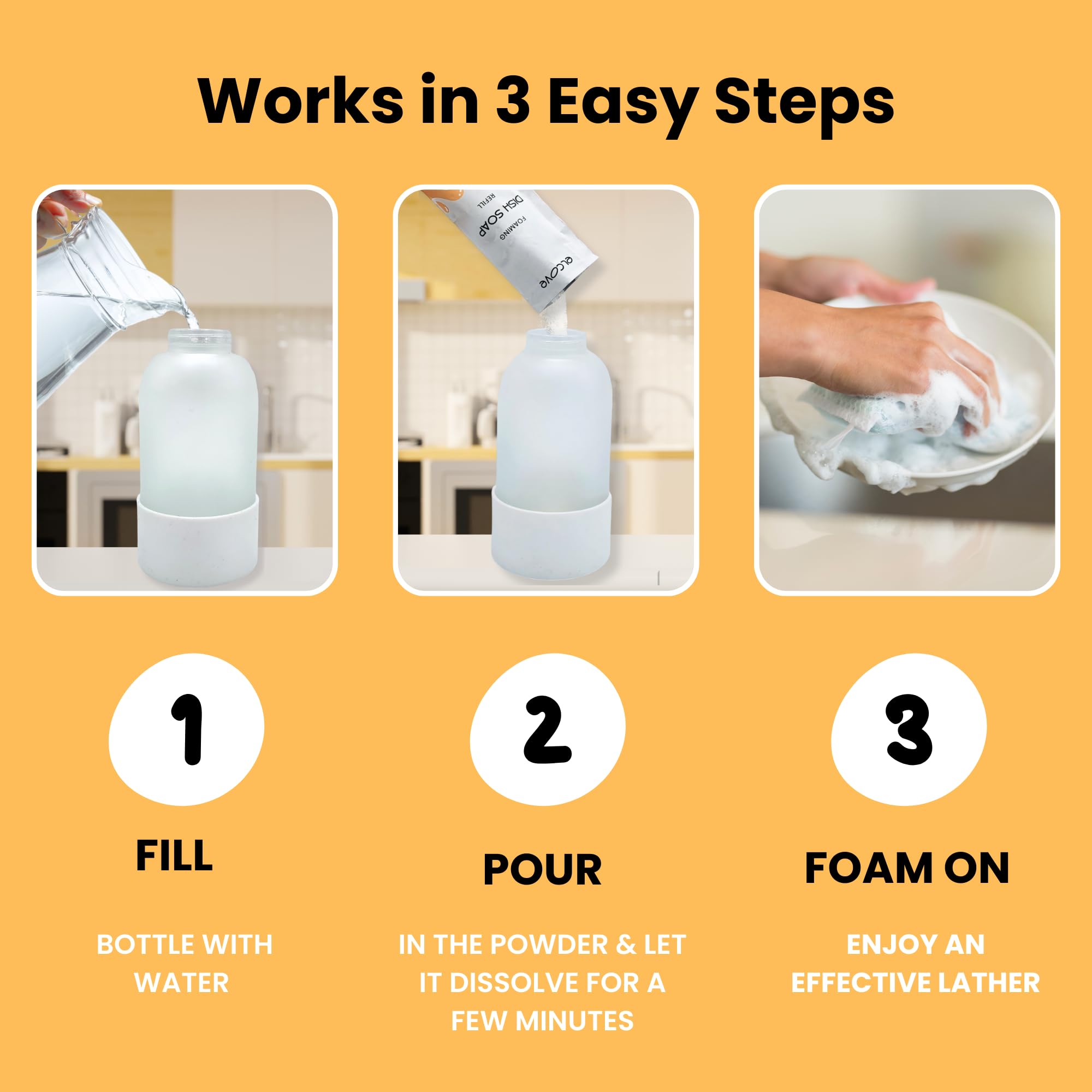 Elcove Foaming Dish Soap Refill Eco Friendly (Set of 5), Concentrated Powder Refills Make 60 oz of Non Toxic Dish Soap, Plastic Free, Septic Safe, Sustainable Products