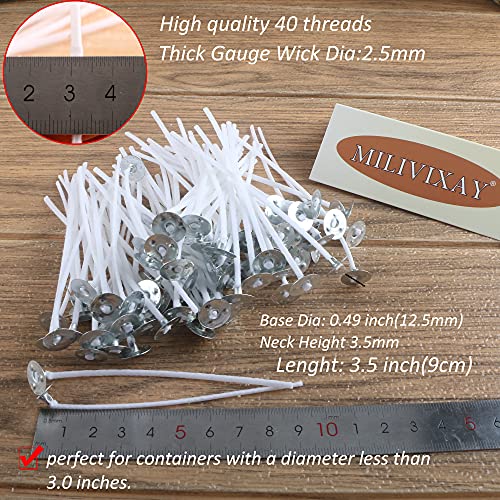 MILIVIXAY 3.5 inch Candle Wick Bundle: 100PCS Candle Wicks, 100PCS Candle Wick Stickers and 6PCS Wooden Candle Wick Holders - Wicks Coated with Paraffin Wax, Cotton Wicks Kits for Candle Making.