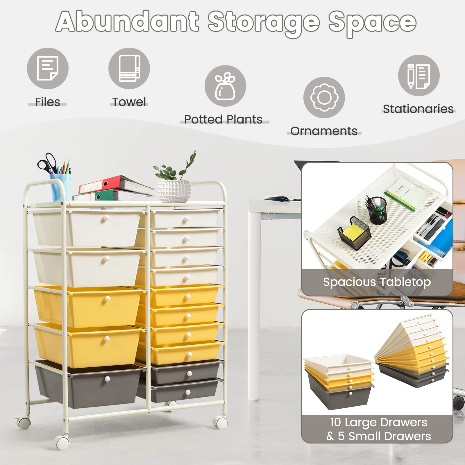 SILKYDRY 15 Drawers Rolling Storage Cart, Mobile Utility Drawer Cart with Lockable Wheels for Crafts, Tools, Arts Supplies, Multipurpose Organizer Cart for Home Office School