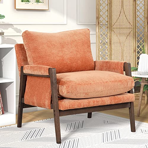 Merax Mid-Century Modern Leisure Velvet Accent Chair with Solid Wood and Thick Seat Cushion for Living Room, Bedroom, Studio, Orange