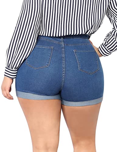 Cuihur Women's Plus Size Summer High Waisted Denim Shorts Folded Hem Casual Jeans Short Dark Blue 14