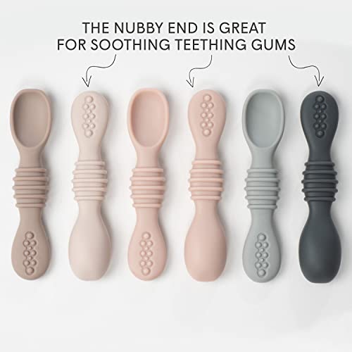 Simka Rose Silicone Baby Spoons - Self Feeding, 6 Months, First Stage Infant Spoons for Babies & Toddlers - Set of 6 BPA Free, Dishwasher, Microwave Safe Food Utensils - Neutral