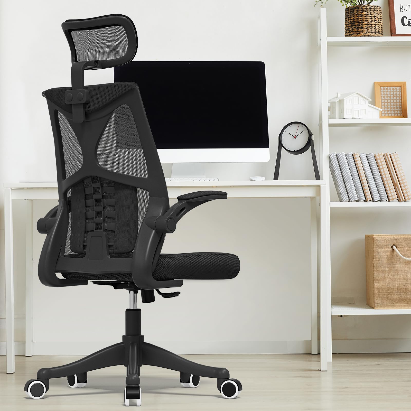 Ergonomic Office Chair, High Back Desk Chair, Breathable Mesh Desk Chair with Lumbar Support, Adjustable Headrest and Flip-Up Arms, Swivel Task Chair with Adjustable Height (Black)
