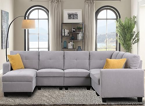 asunflower Modular Sectional Sofa with Storage Ottman 6 Seater Modular Couch Furniture Set for Living Room Velvet Corner Sectional Couch for Home & Office, Small Spaces, Grey